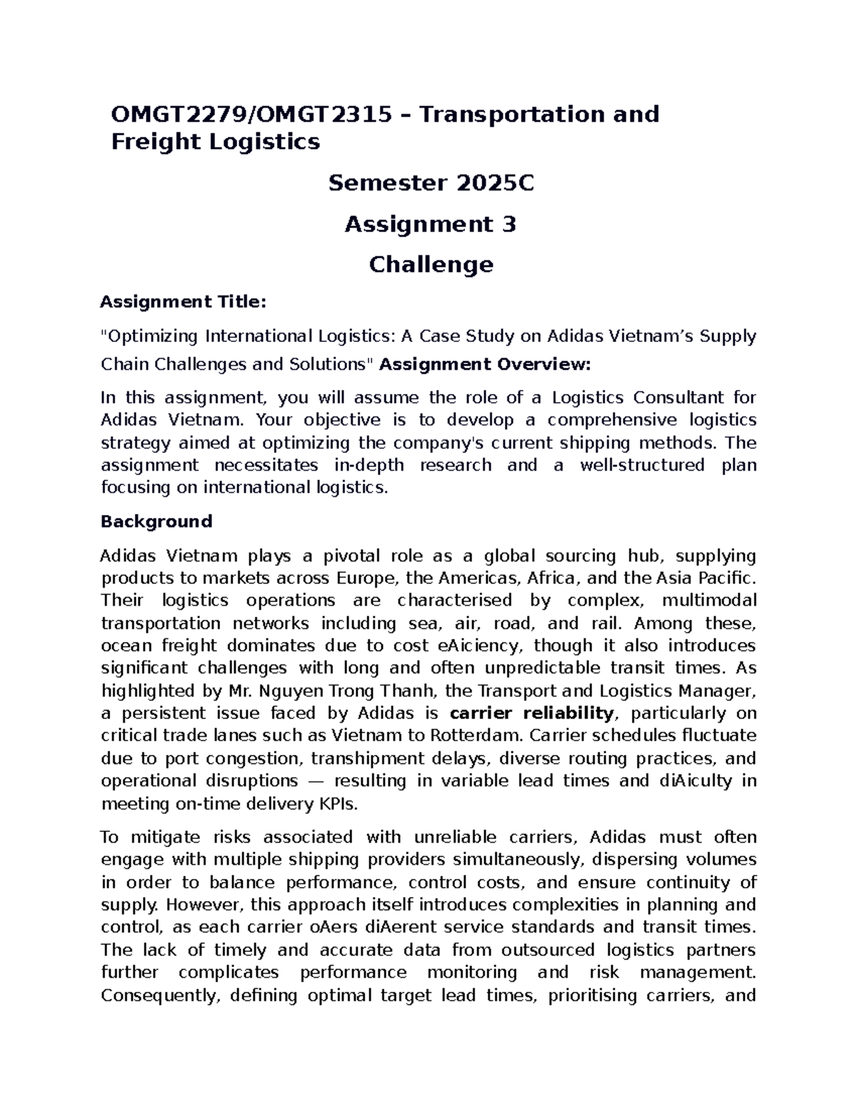 OMGT2279 Assignment 3: Case Study on Adidas Logistics Challenges - Studocu