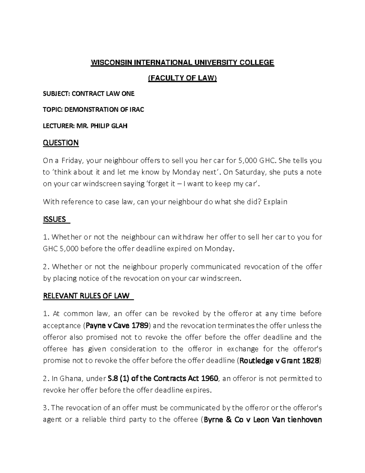 Contract Law I: IRAC Demonstration Notes & Case Analysis - Studocu