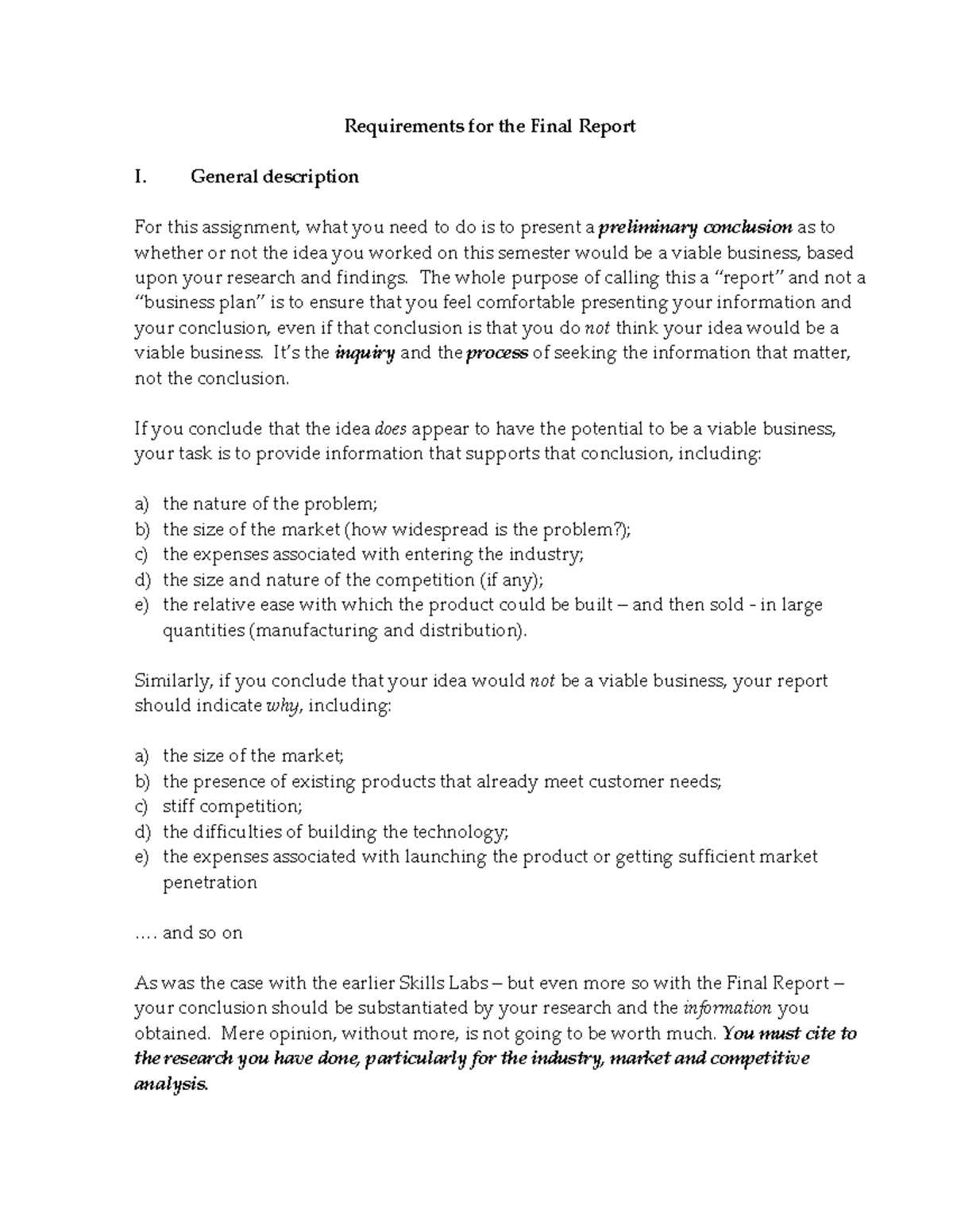 Final Report Requirements for Business Viability Analysis 2021 - Studocu