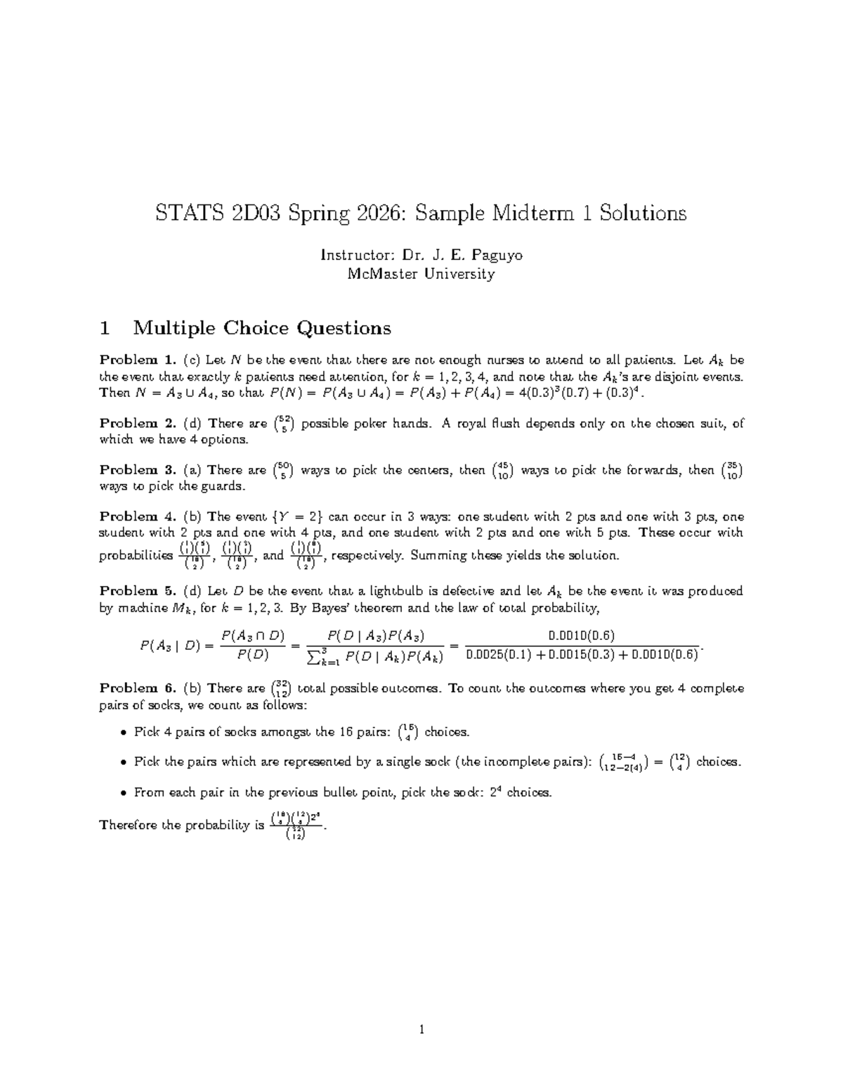 STATS 2D03 Spring 2026: Sample Midterm 1 Solutions - Studocu