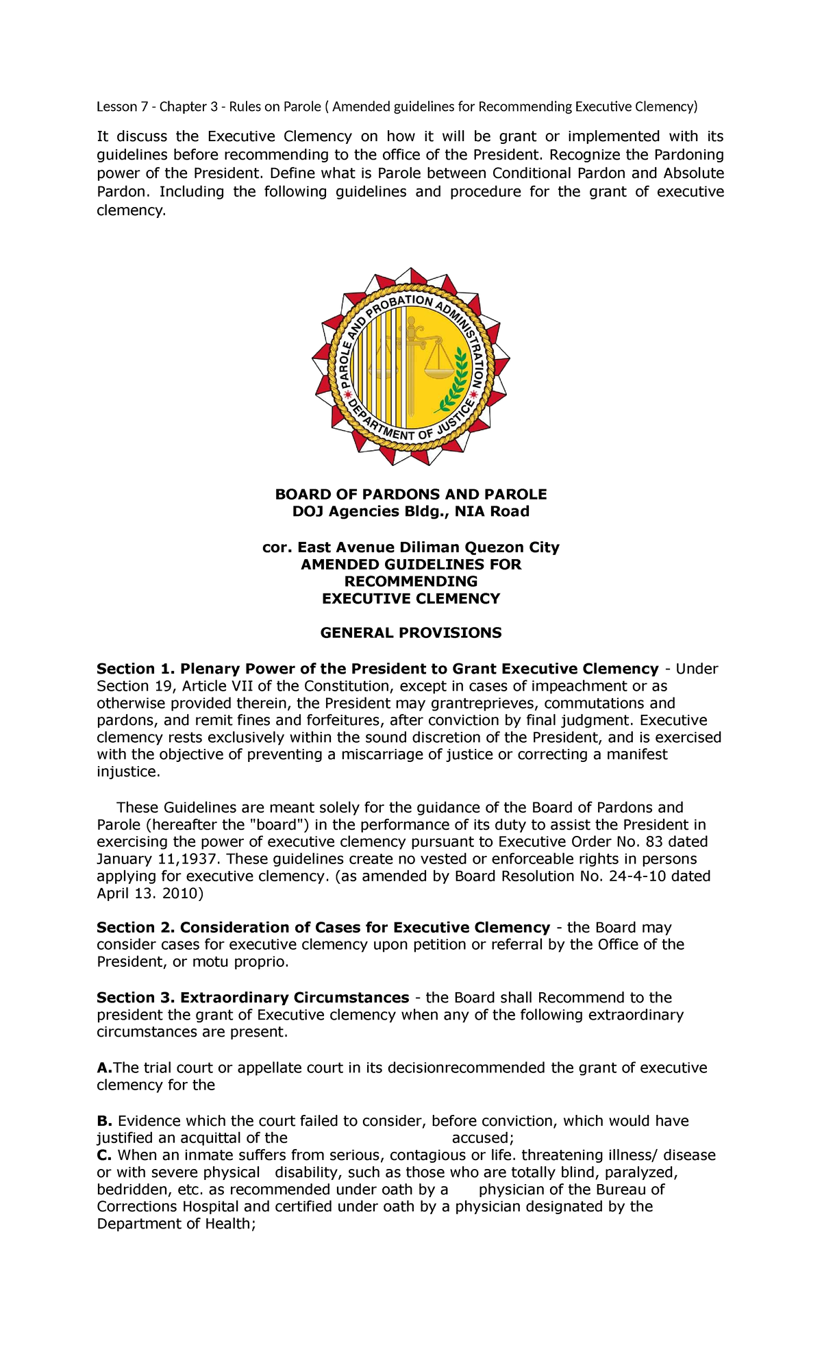 Lesson 7: Chapter 3 - Executive Clemency Guidelines (BSCRIM) - Studocu