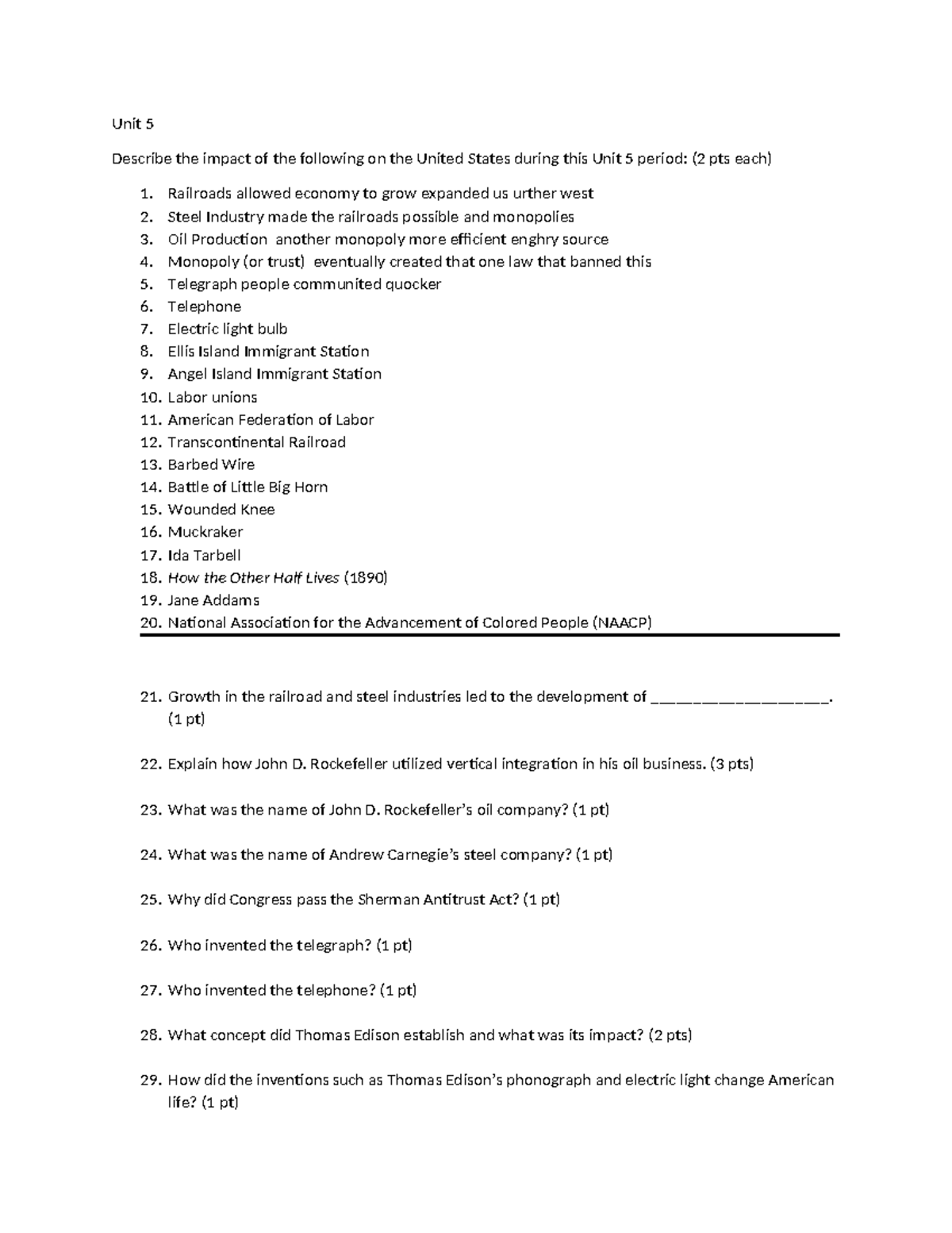 Unit 5 Study Guide - Key Concepts in US History (Econ, Immigration ...