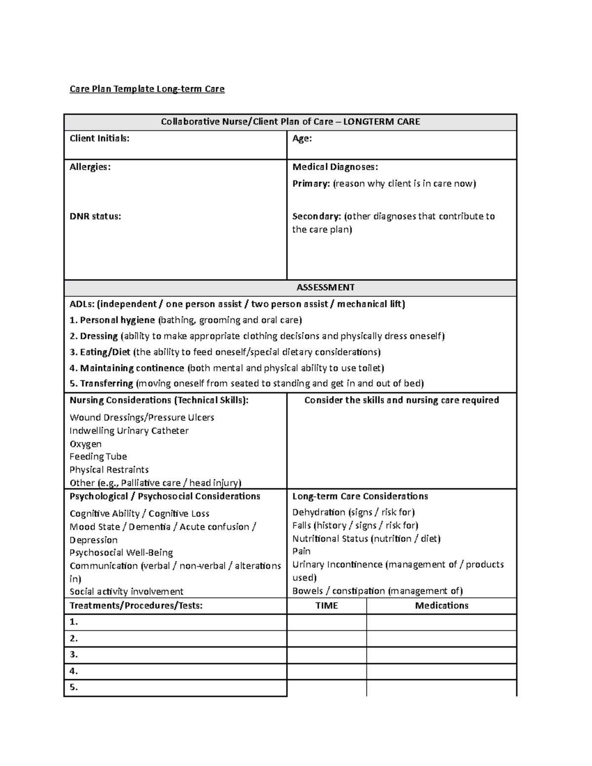 Care Plan Template - care plan for clinical - Care Plan Template Long ...
