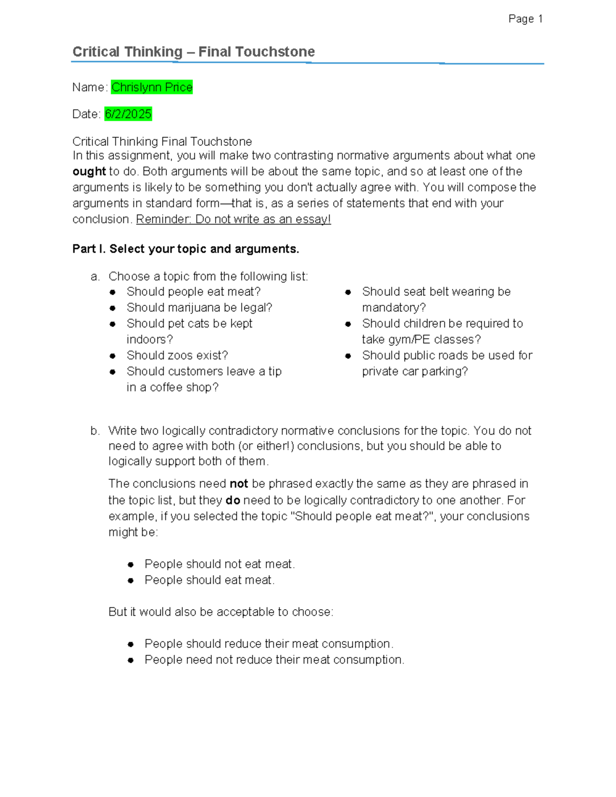 Critical Thinking Final Touchstone 4: Contrasting Arguments by ...