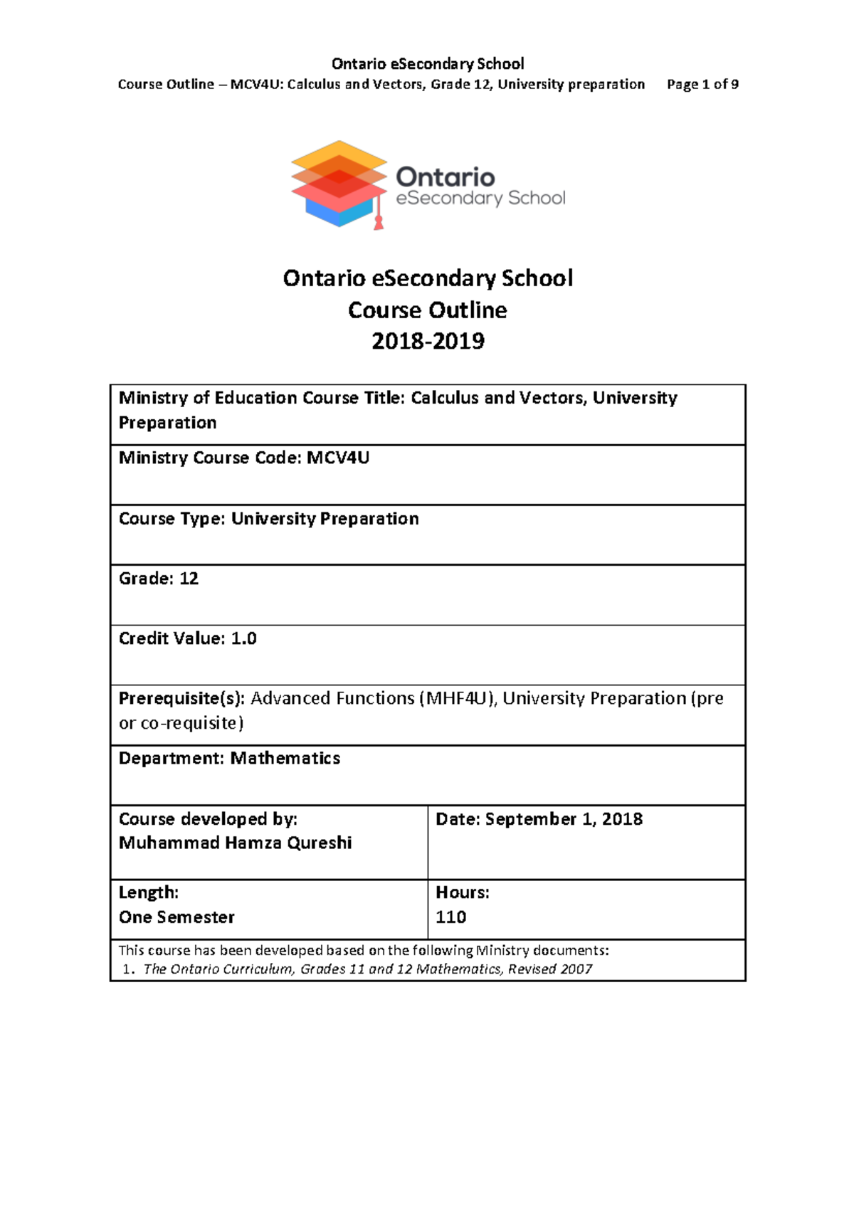 Course Outline 2019 - Course Outline – MCV4U: Calculus and Vectors ...