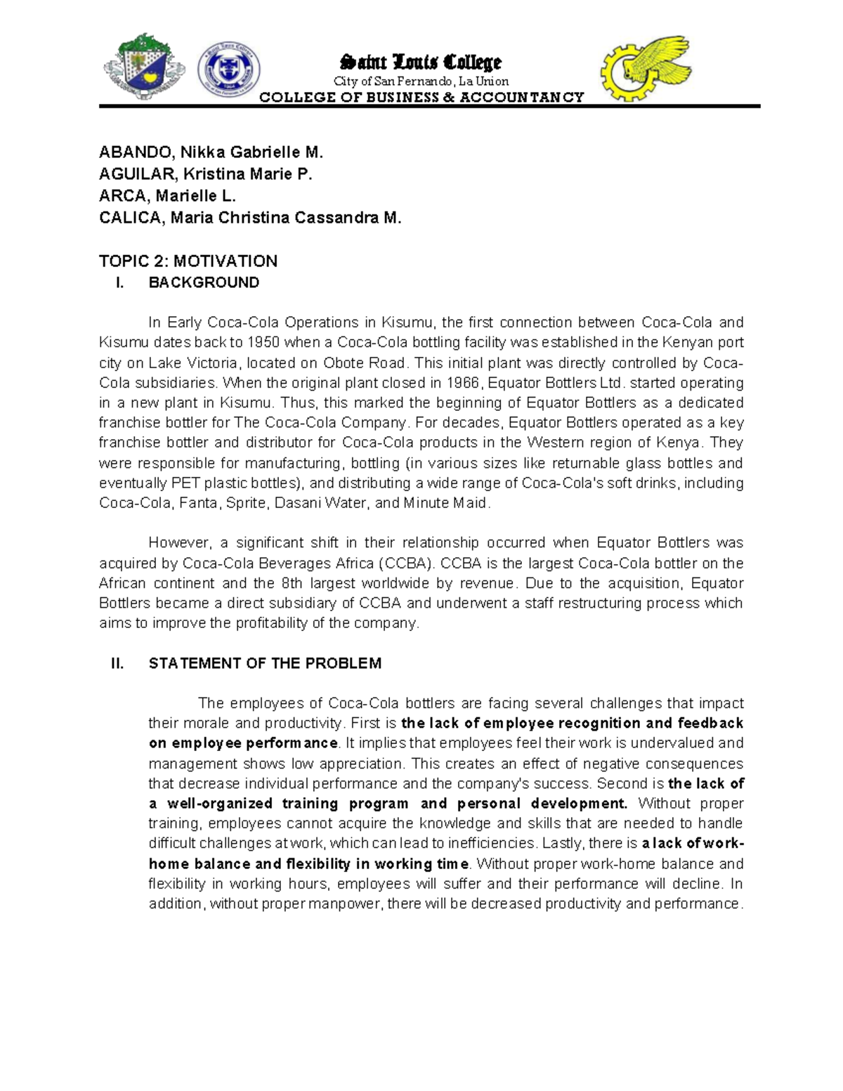 Equator Bottlers Employee Motivation & Development Strategies: A Case Study - Studocu