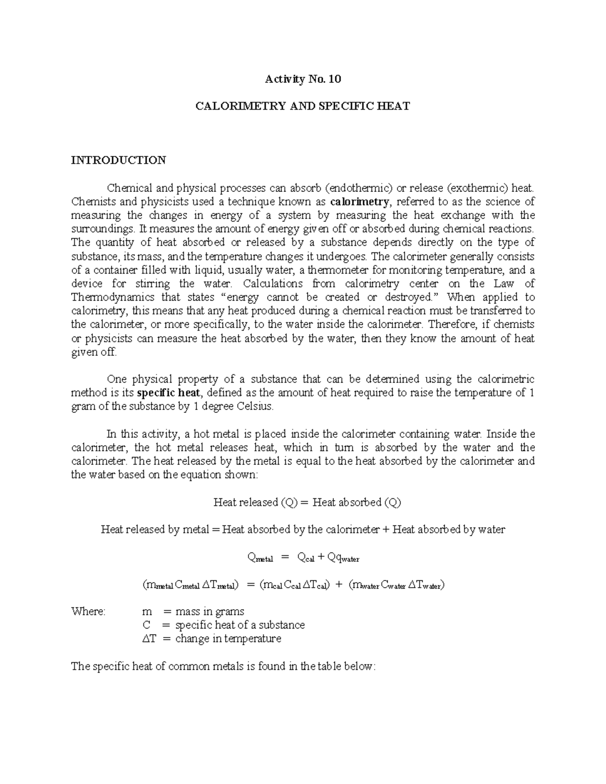 CHEM-ACT11 - Lab report act 11 - Activity No. 10 CALORIMETRY AND ...
