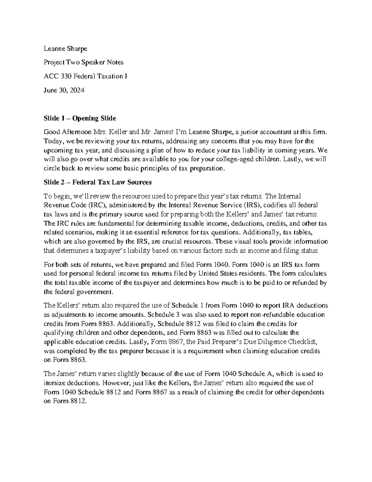 ACC 330 Project Two Tax Planning Speaker Notes for Kellers & Jameses ...