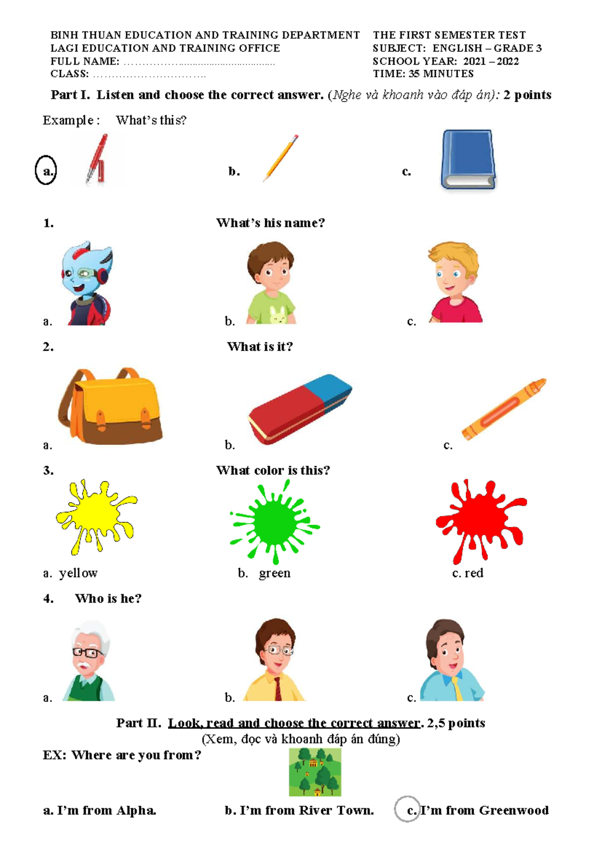 ENGLISH GRADE 3 FIRST SEMESTER TEST 2021-2022 - Studocu