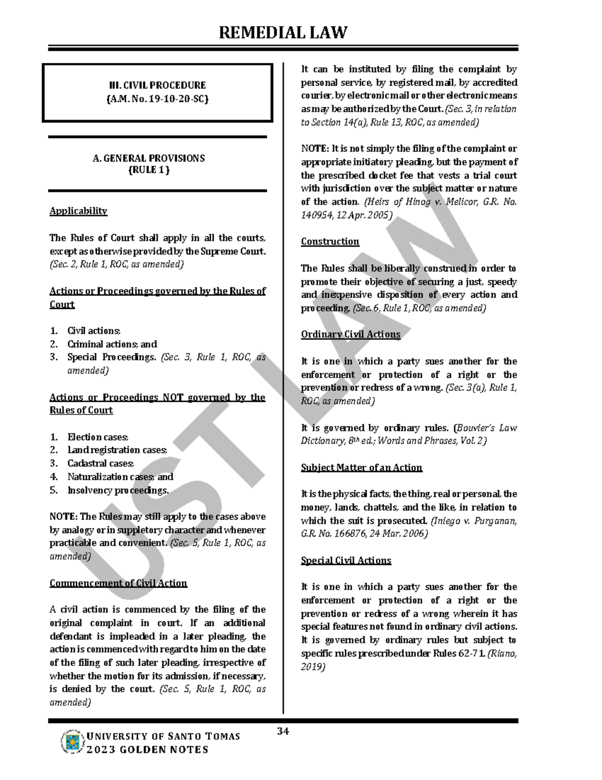 2023-Remedial-Law-Golden-Notes- Civil Procedures - REMEDIAL LAW UN I V ...