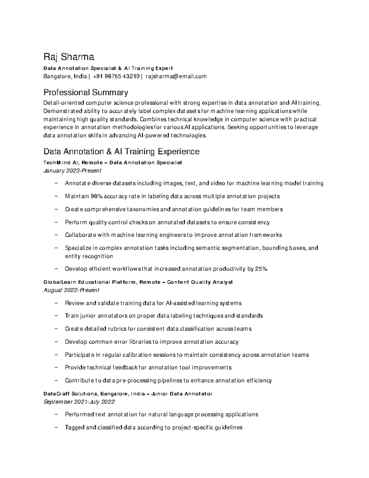 Data Annotation Specialist Resume - AI Training Expert (B.Tech) - Studocu