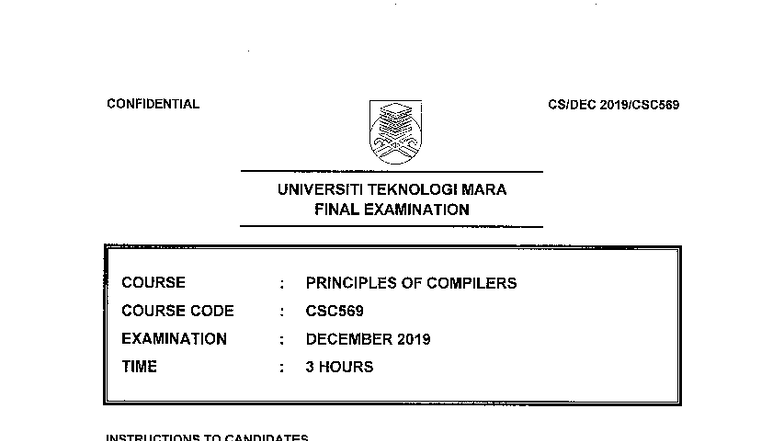 PYQ CSC569 Final Exam: Principles of Compilers December 2019 - Studocu