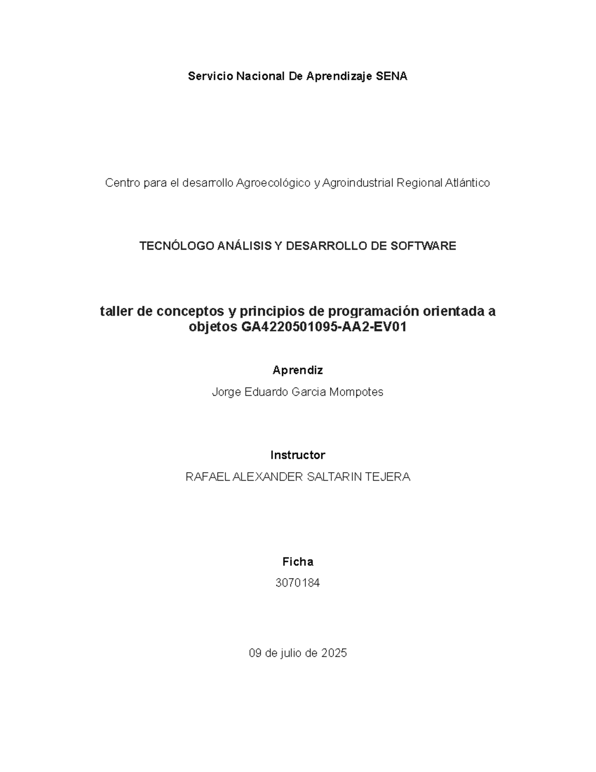 Taller de POO: Conceptos y Principios - TECNÓLOGO ANÁLISIS Y DESARROLLO DE - Studocu