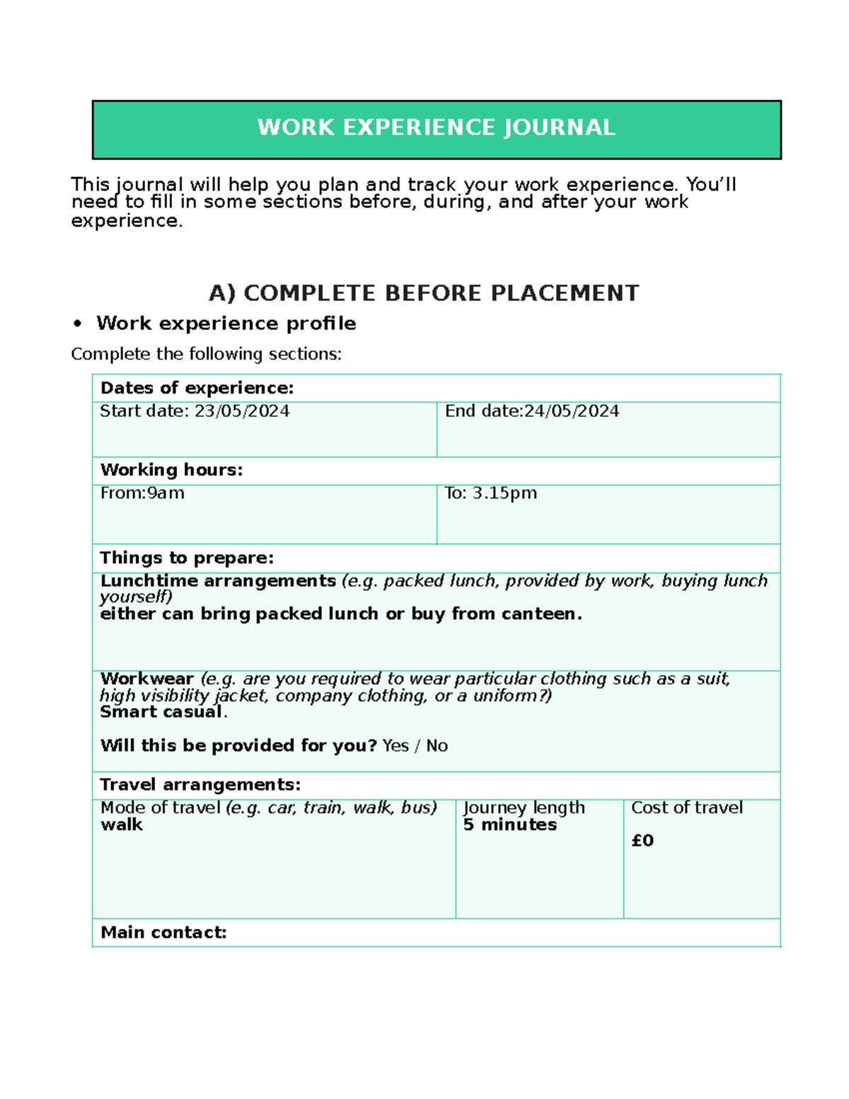 Work Experience Journal Digital Workbook - Planning & Reflection Guide ...