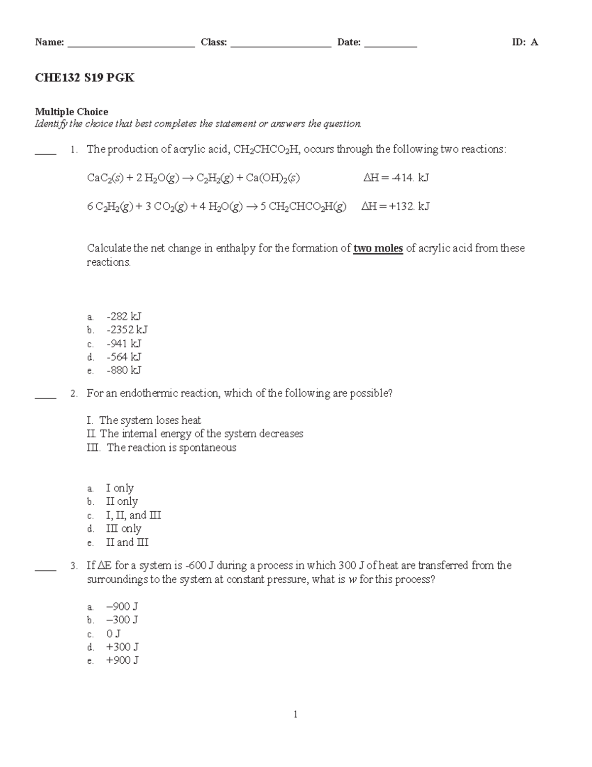 Chemistry Final Exam Review - CHE132 S19 - Exam Format and Content ...