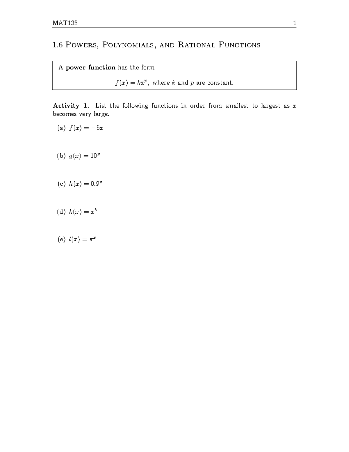 MAT135 Lecture Notes: Powers, Polynomials, and Rational Functions - Studocu