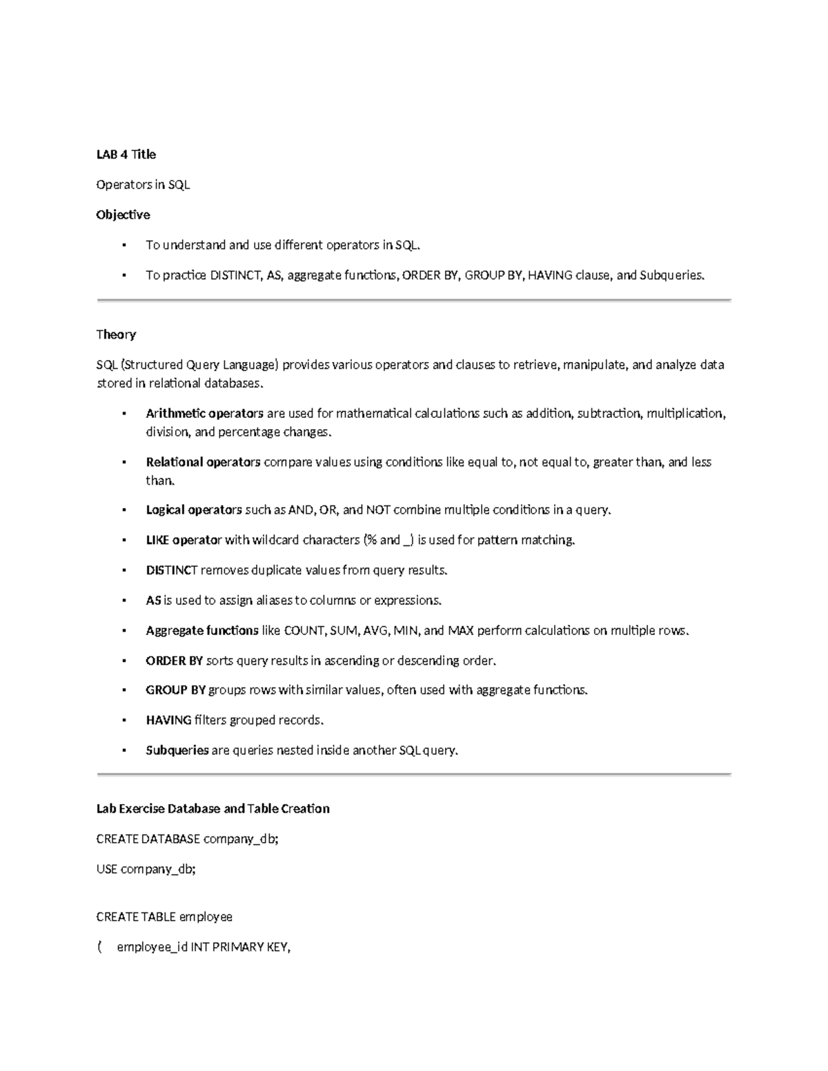 Dbms4 - Lab 4: SQL Operators and Data Manipulation Techniques - Studocu