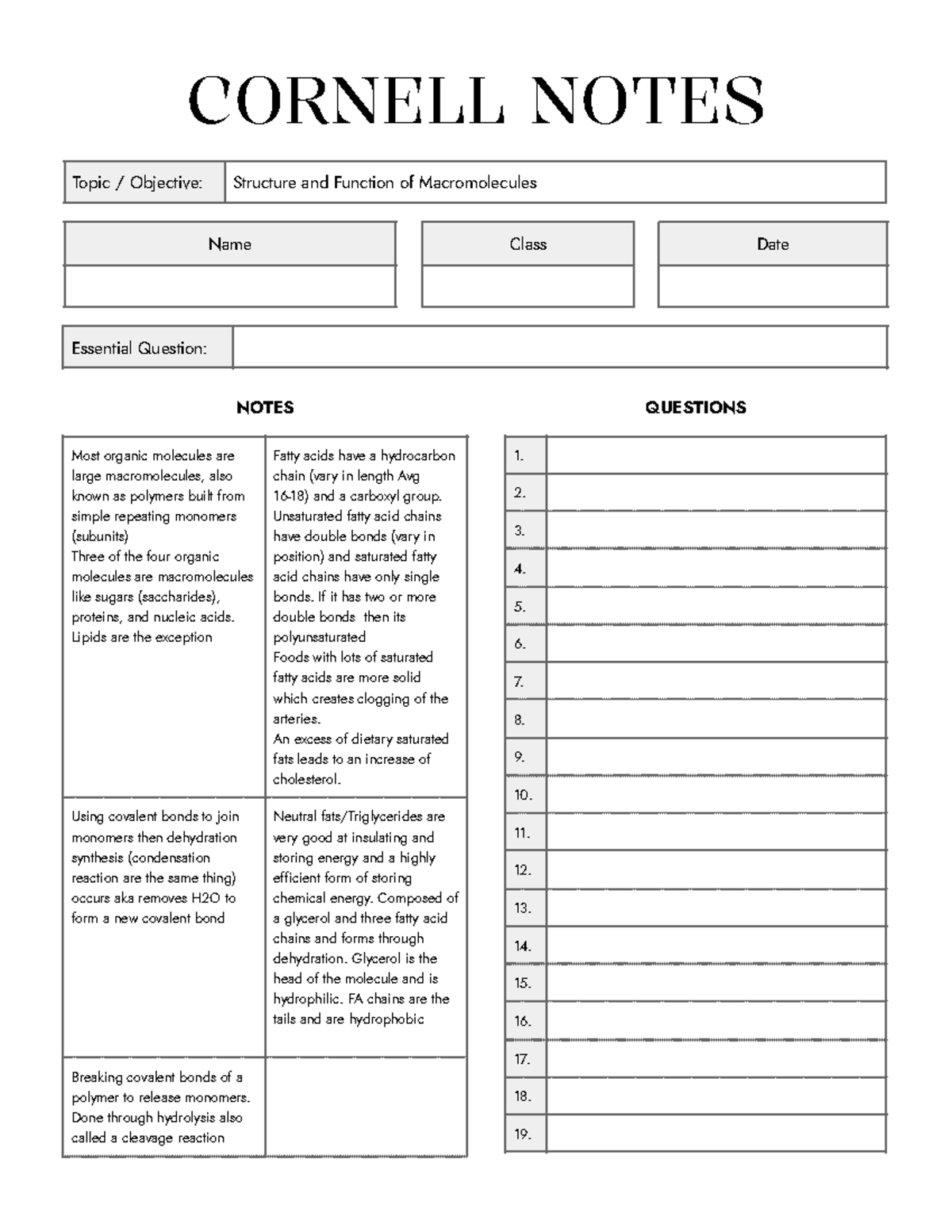 Bio 5: Structure & Function of Macromolecules - Cornell Notes - Studocu