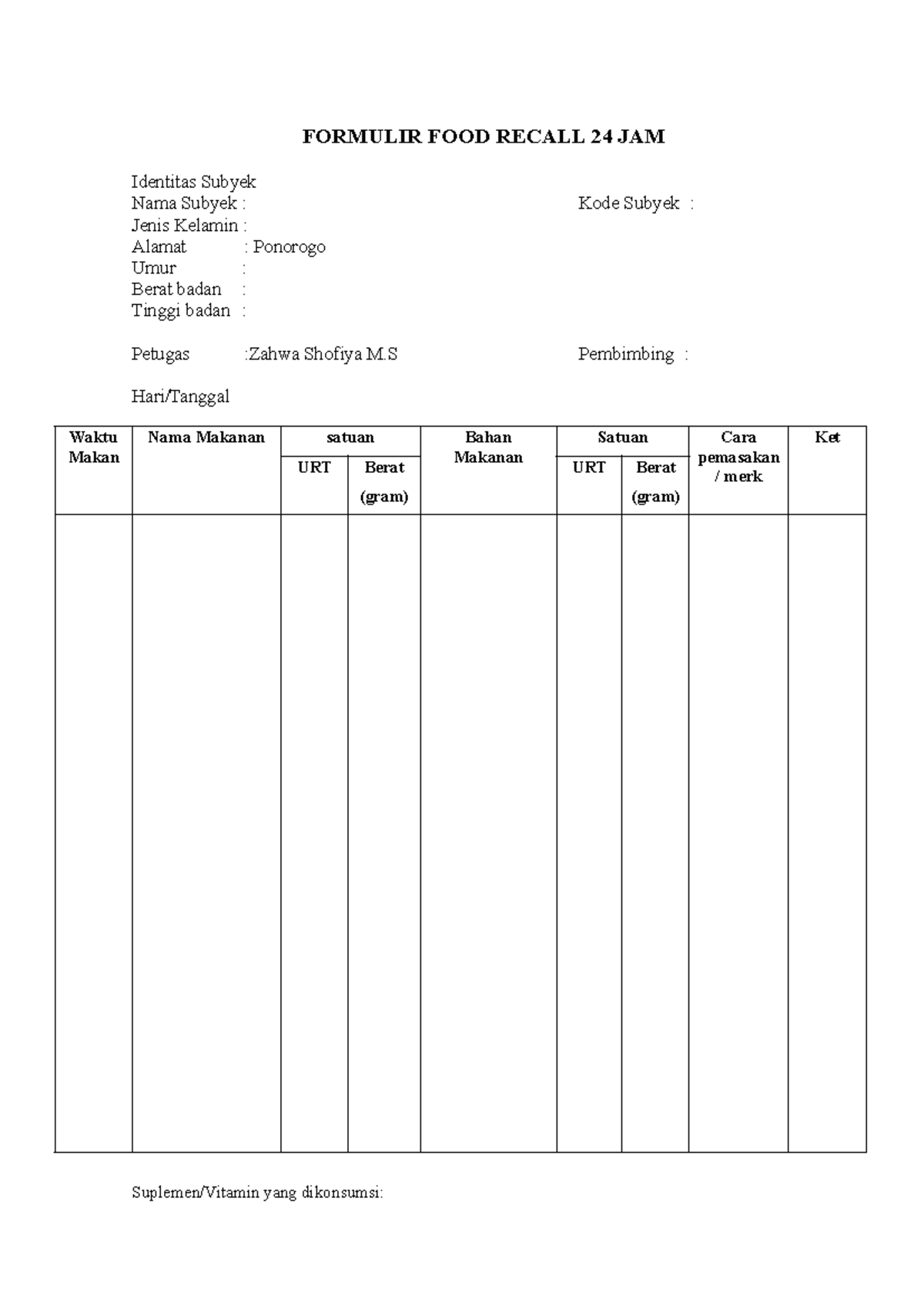 Formulir FOOD Recall 24 JAM 1FIKS - nutrition - FORMULIR FOOD RECALL 24 ...
