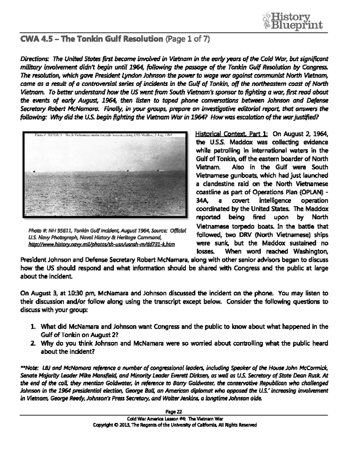 Vietnam Primary Documents Analysis and Review - History. Blueprint CWA ...