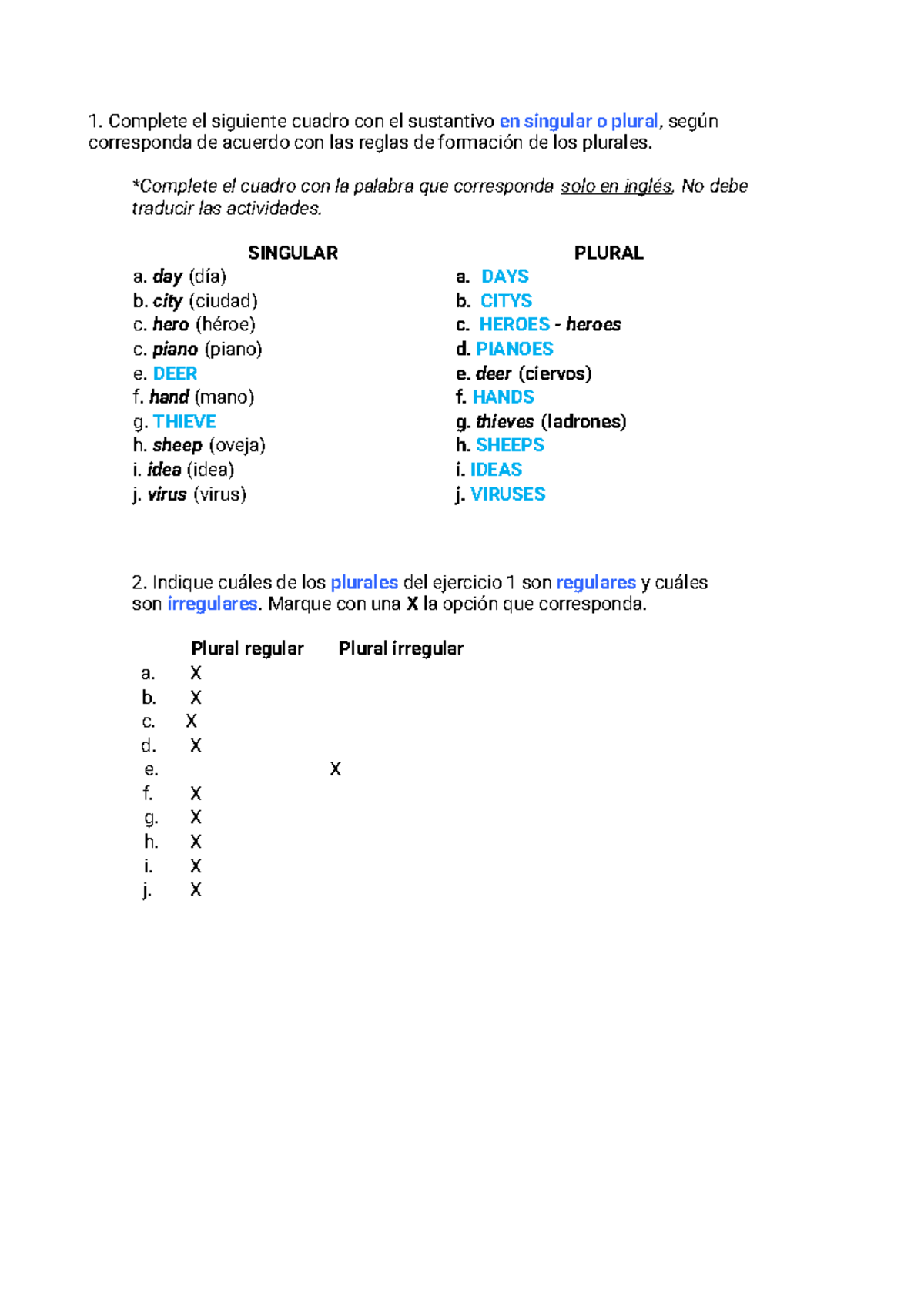 Ejercicio 1 SUSTANTIVOS PLURALES - Complete el siguiente cuadro con el ...