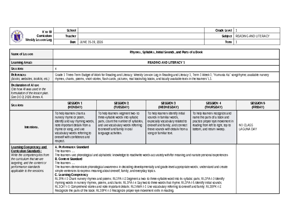 DLL-ILAW: Weekly Lesson Log for Reading and Literacy - Week 1 - Studocu