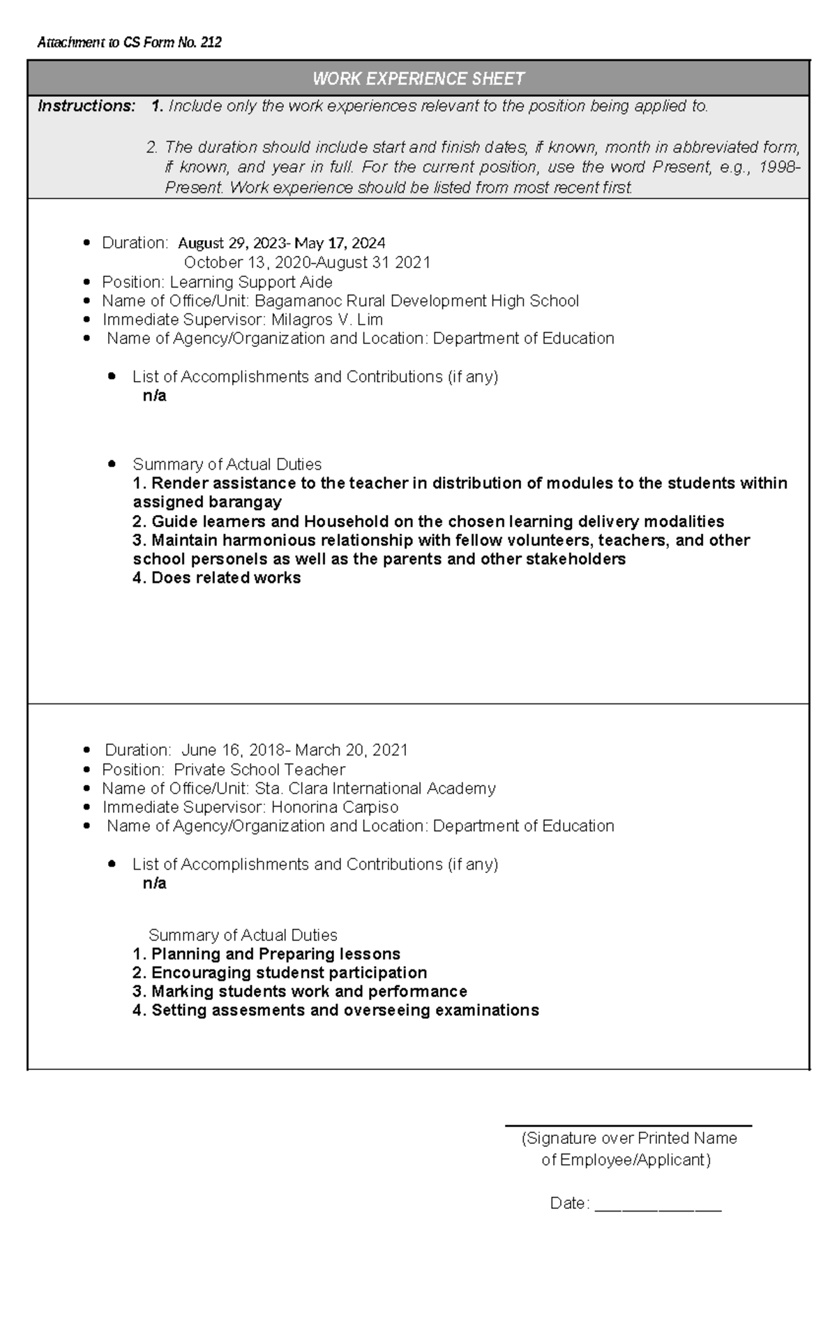 Inbound 490: Work Experience Sheet for Job Applications - Studocu
