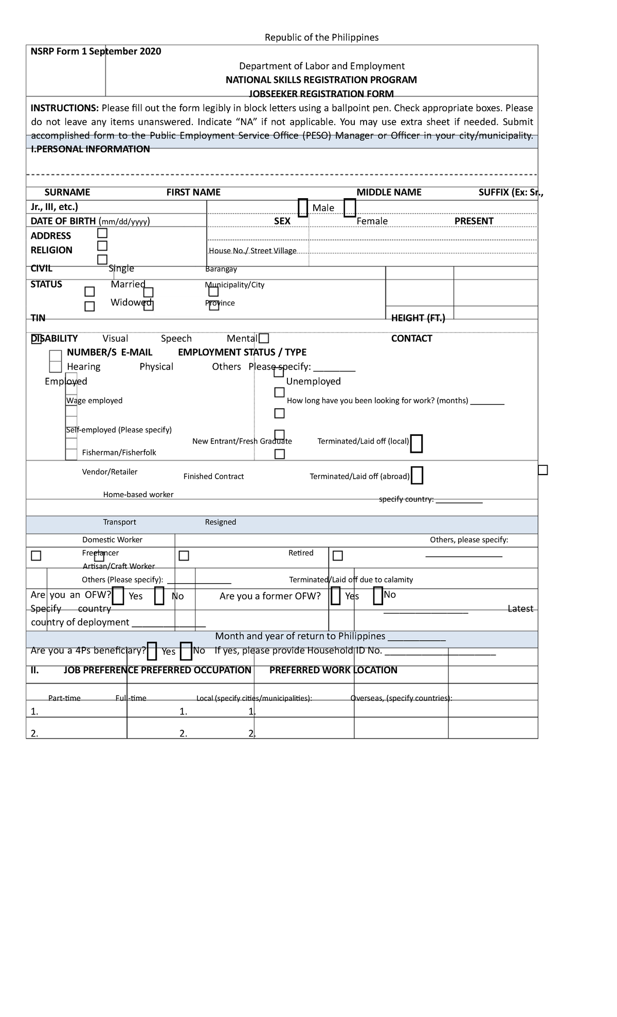 National Skills Registration Program Jobseeker Form Instructions - Studocu