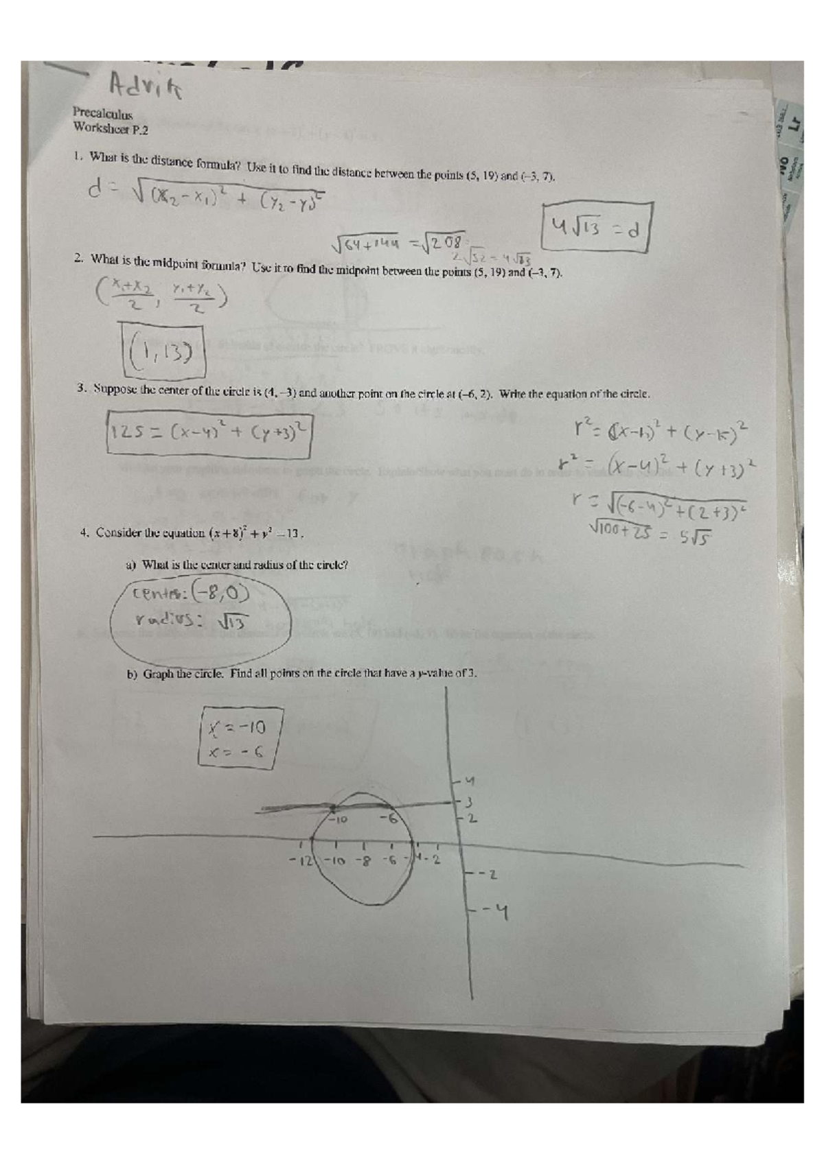 Precalculus Worksheet P.2 - Distance, Midpoint, and Circle Equations ...