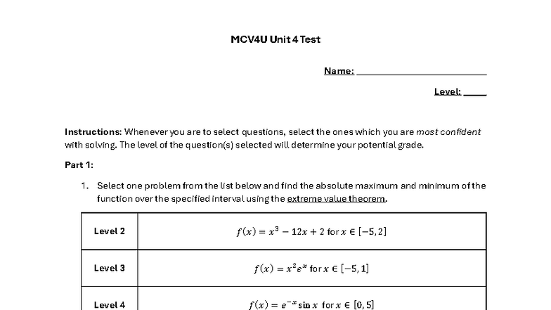 MCV4U Unit 4 Test: Optimization & Extreme Value Problems - Studocu