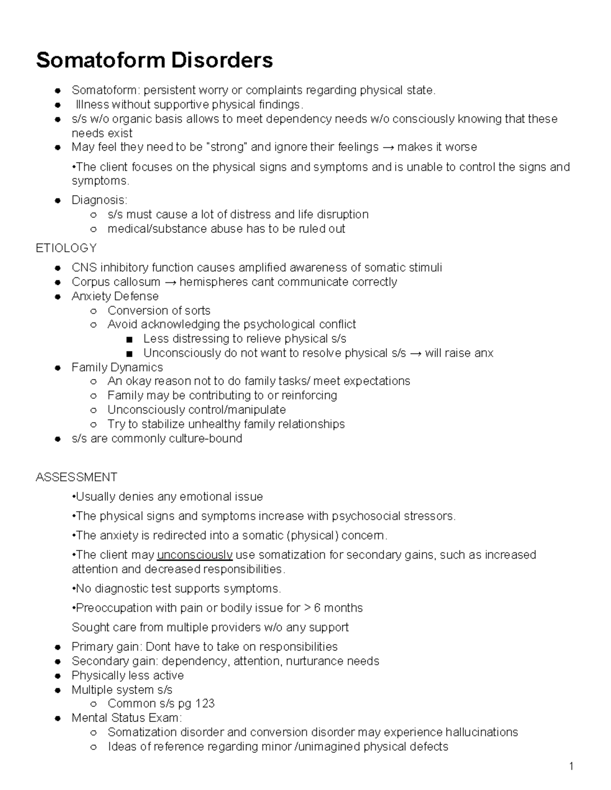 Somatoform Disorders - Lecture and book notes - Somatoform Disorders ...