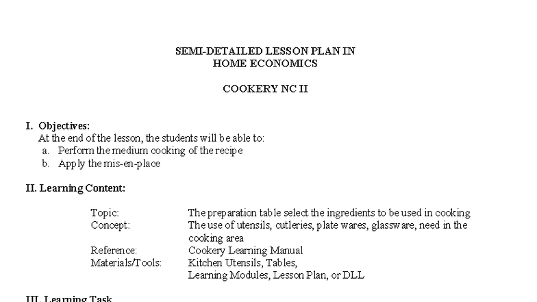 CHAN Lesson Plan on Home Economics Cookery NC II - Studocu