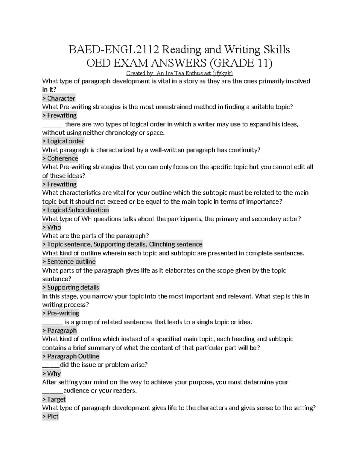 BAED-ENGL2112 Reading and Writing Skills OED Exam Answers - Studocu