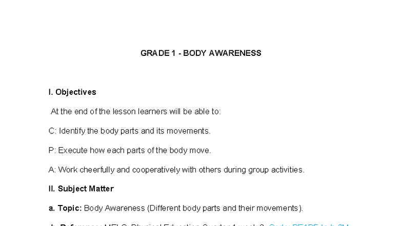 Grade 1 - Body Awareness I: Detailed Lesson Plan - Studocu