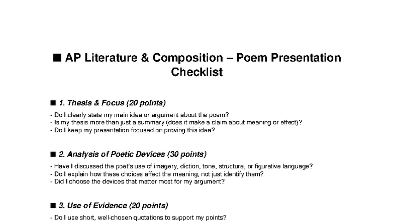 AP Lit Poem Presentation Checklist for Success - Studocu