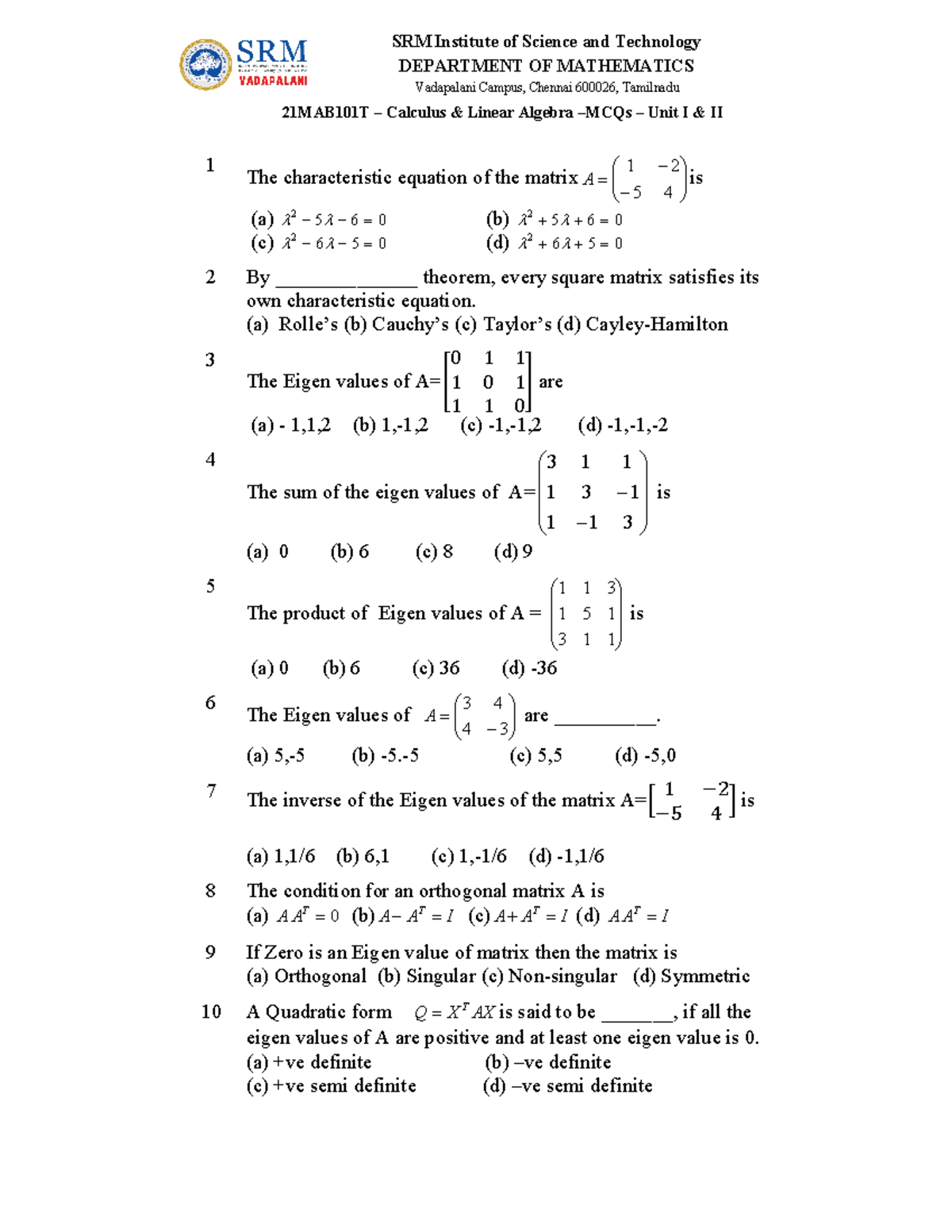 21MAB101T - Calculus & Linear Algebra: MCQs for Units I & II - Studocu