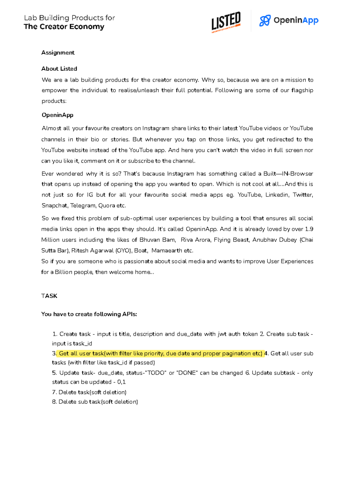 Backend Engineer Assignment - Assignment About Listed We are a lab building products for the ...