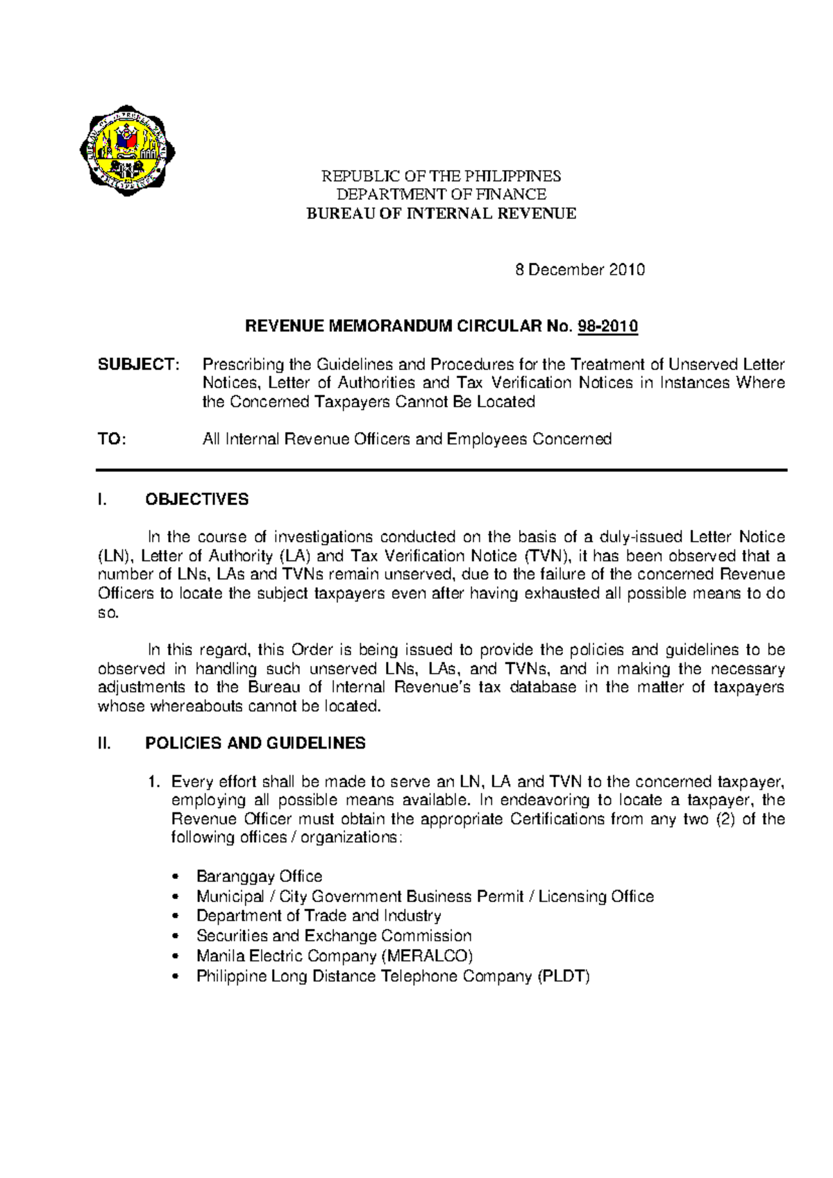 RMC No. 98-2010: Guidelines for Handling Unserved Tax Notices - Studocu