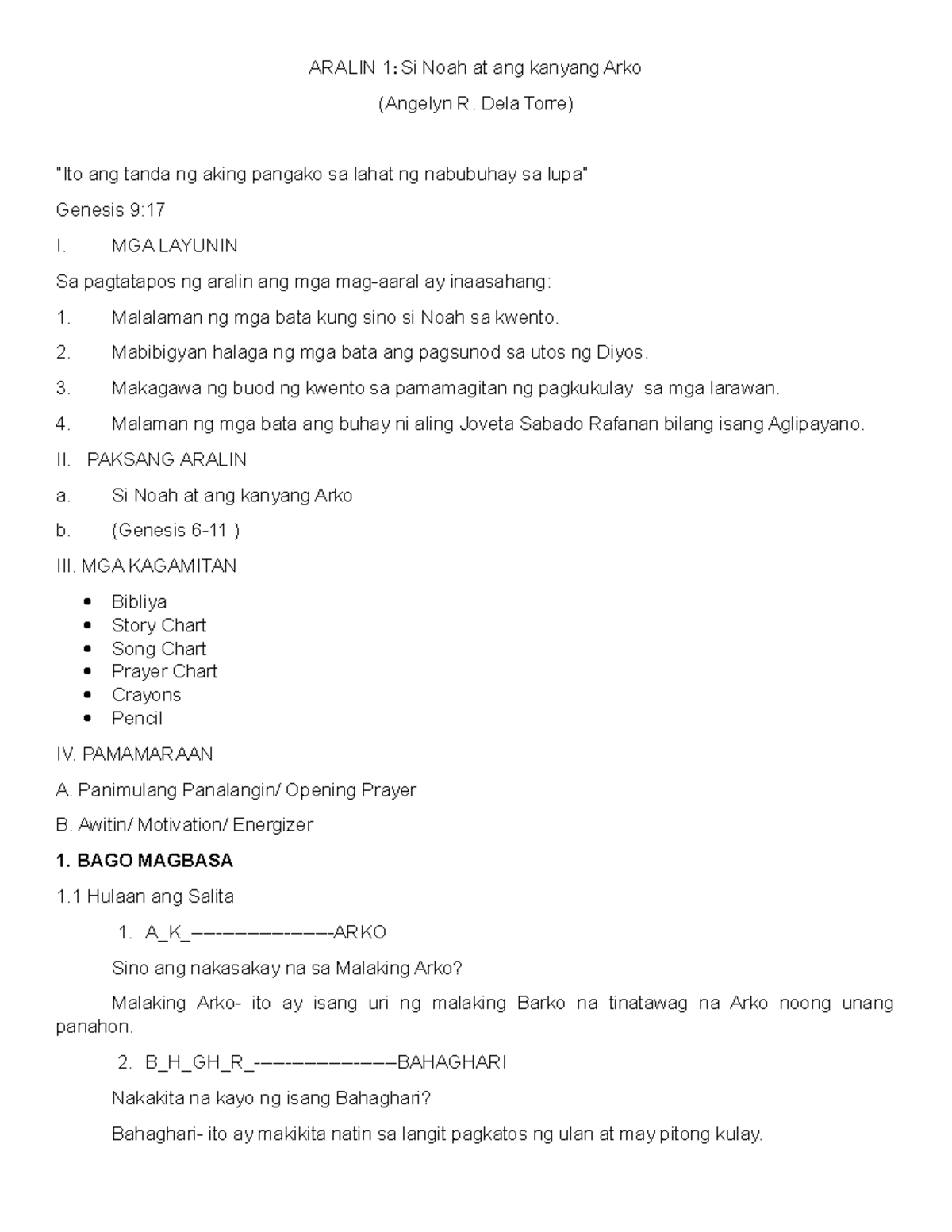 Aralin 1: Si Noah at ang Kanyang Arko sa Sunday School - Studocu