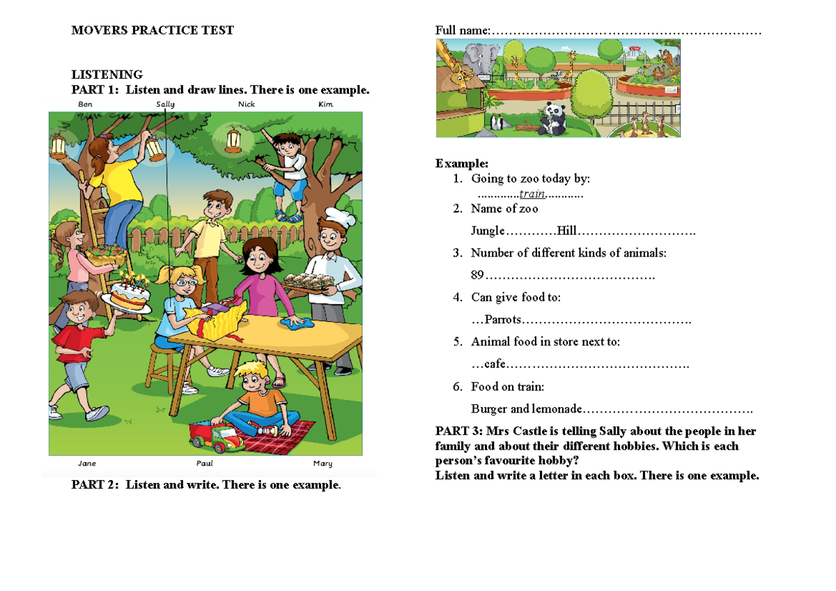 MOVERS PRACTICE TEST - Listening & Reading Exercises - Studocu
