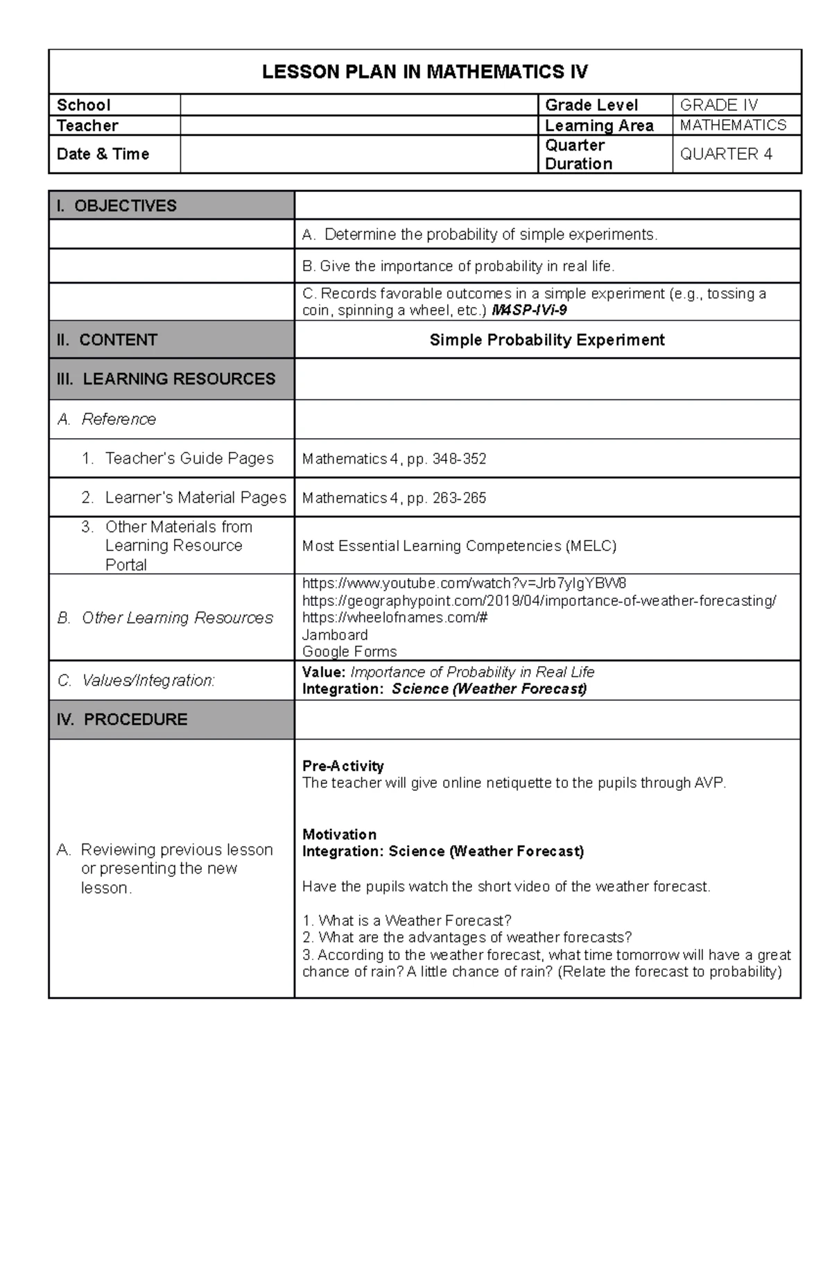 Probability of Simple Event - DAILY LESSON PLAN MATHEMATICS GRADE 8 ...