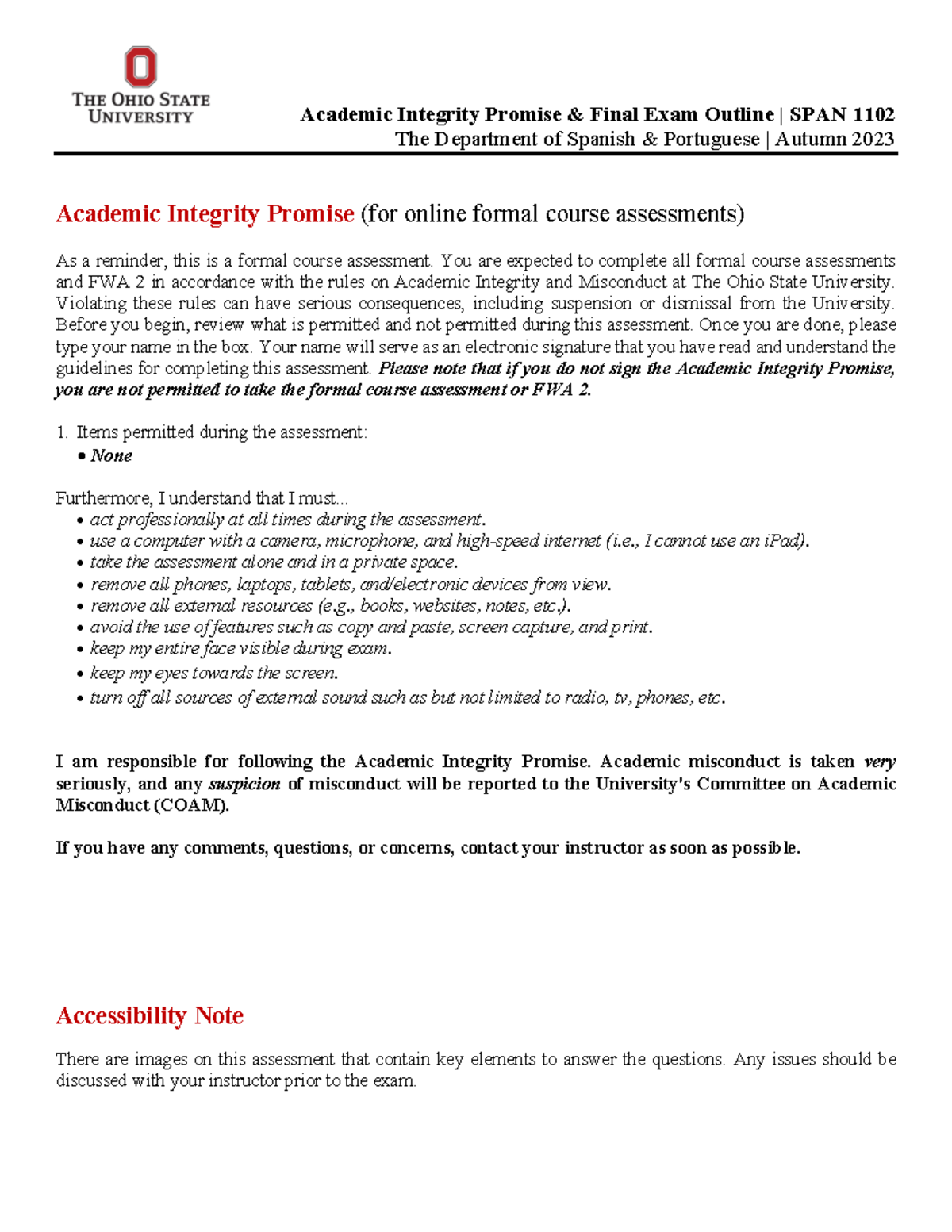 SPAN 1102 Final Exam Outline & Academic Integrity | AU23 - Studocu