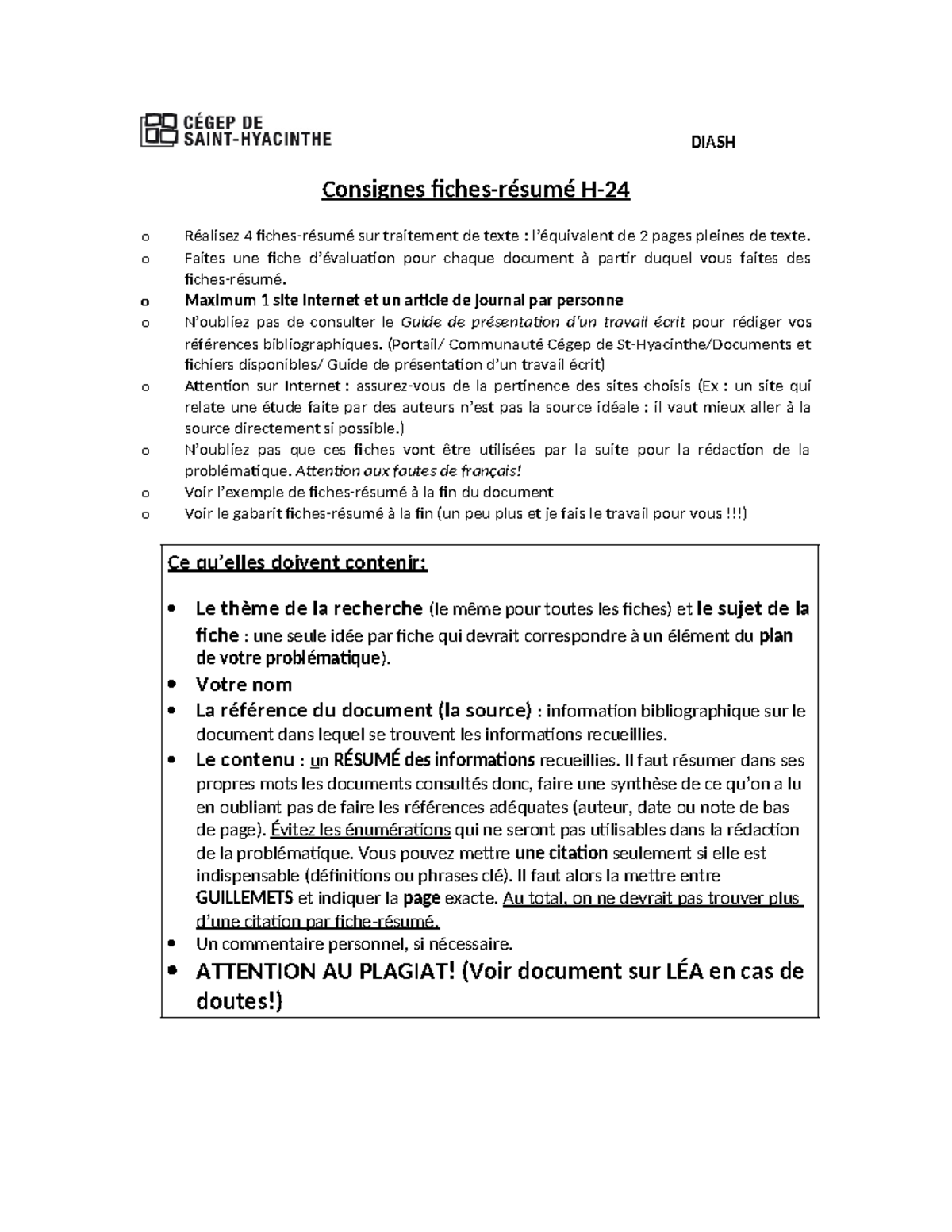 DIASH Consignes pour la Rédaction de Fiches de Résumé - Studocu