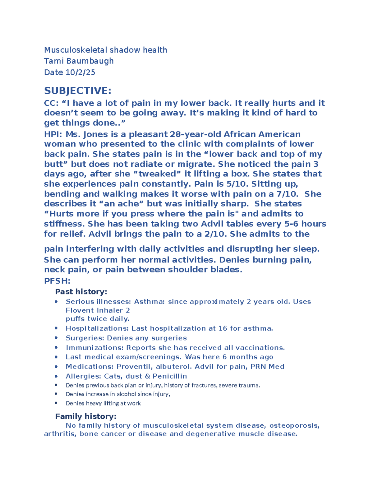 SOAP Note: Musculoskeletal Assessment for Lower Back Pain (Tami ...