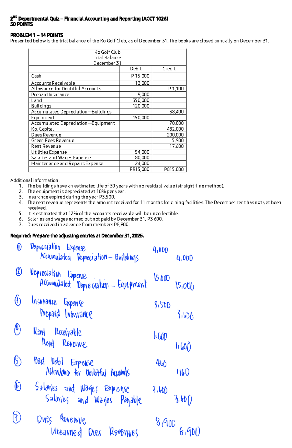 2ND Departmental Quiz on Financial Accounting (ACCT 1026) - Adjusting ...