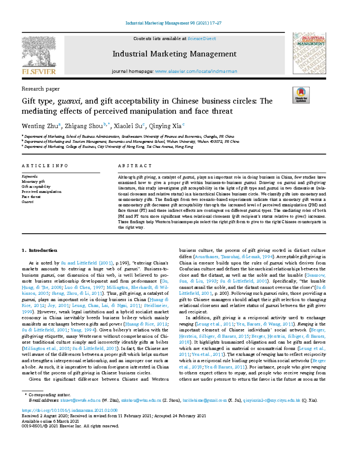 Gift Type, Guanxi, and Acceptability in Chinese Business Circles ...