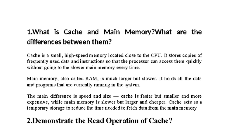 Cache vs Main Memory: Key Differences and Read Operations - Studocu