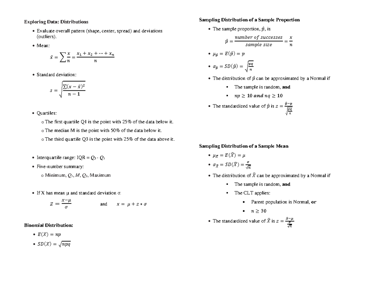 Final Exam Formulas: Sampling Distribution & Confidence Intervals - Studocu