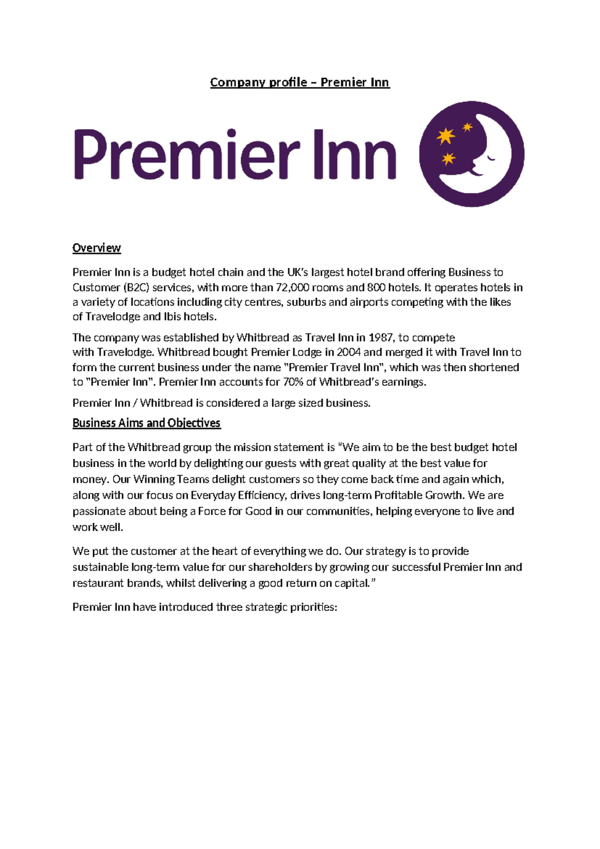 Premier Inn Company Profile: Overview & Business Strategies - Studocu