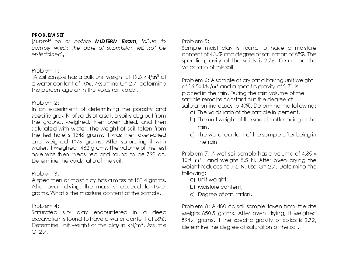 Summary of Formulas and Lecture Notes - PROBLEM SET ( Submit on or ...